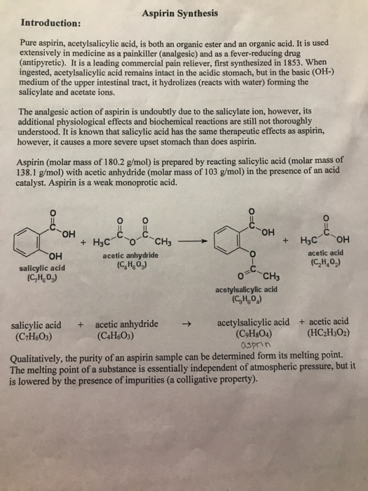 Solved Aspirin Synthesis Introduction: Pure aspirin, | Chegg.com