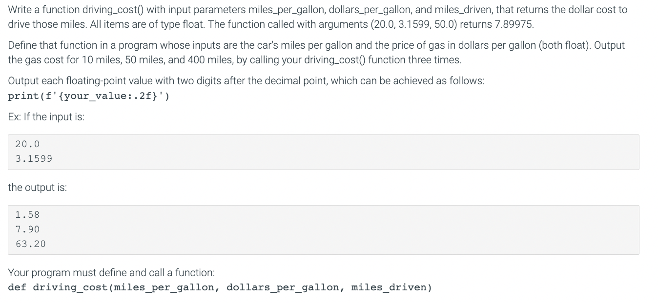 Solved Write a function driving_cost() with input parameters | Chegg.com