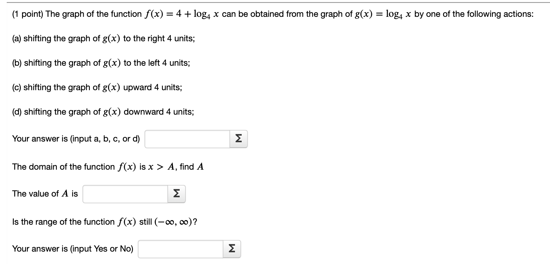 Solved (1 point) The graph of the function f(x)=4+log4x can | Chegg.com
