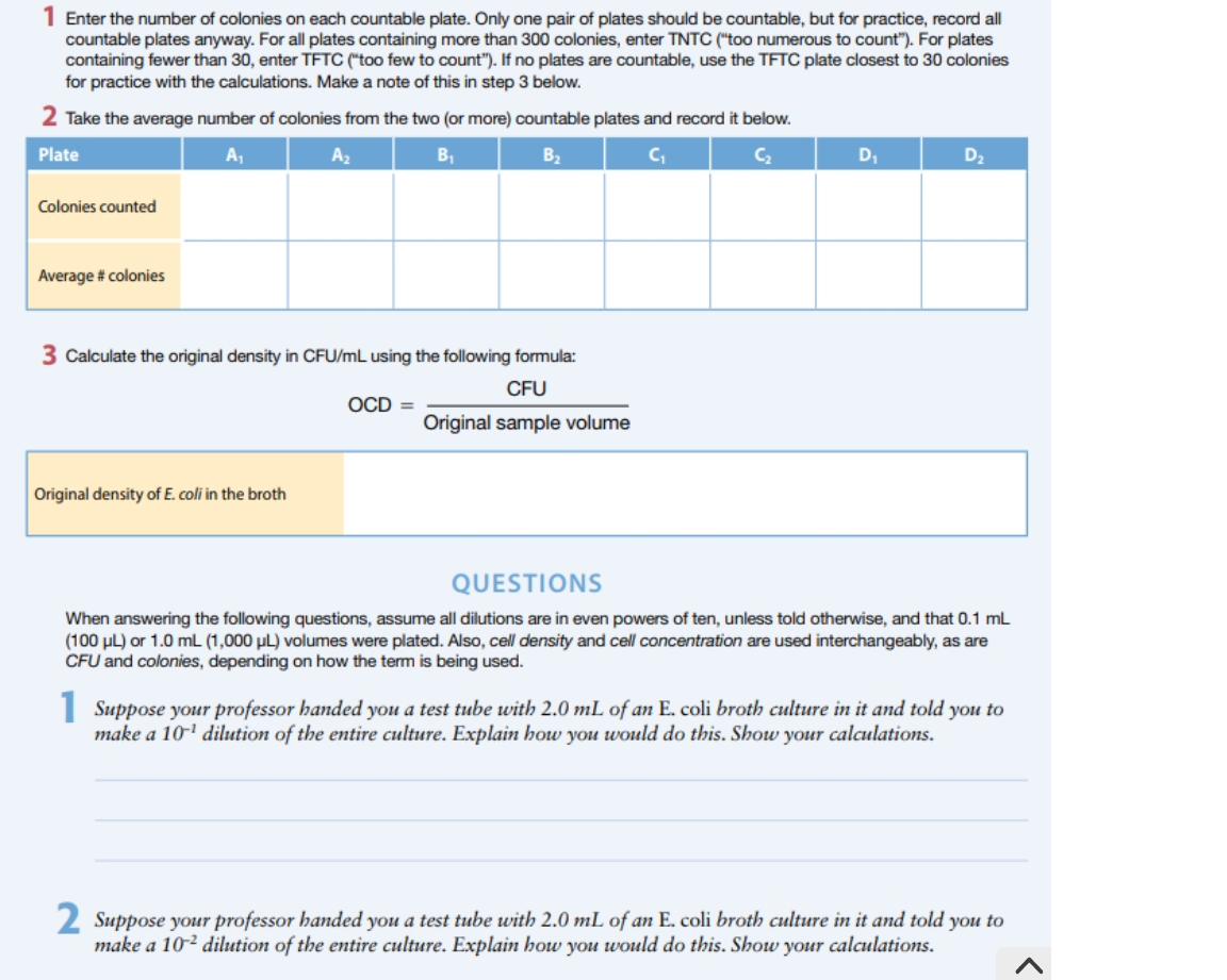 Solved 1 Enter the number of colonies on each countable | Chegg.com