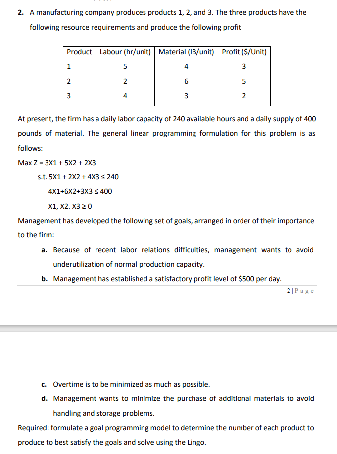 Solved 2. A manufacturing company produces products 1,2 , | Chegg.com
