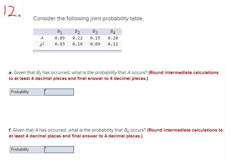 Solved Consider the following joint probability table. A AC | Chegg.com