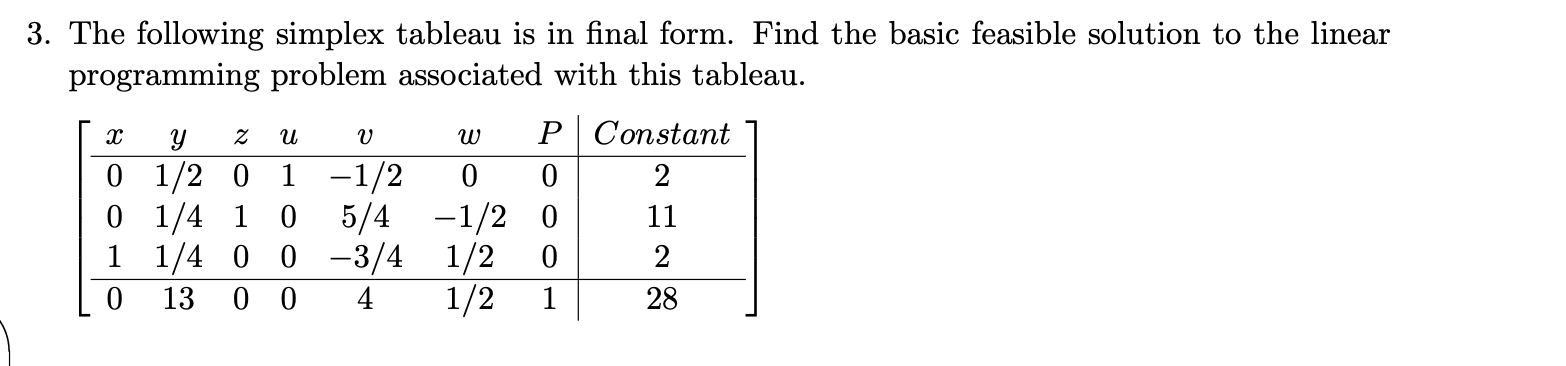 Solved 3. The following simplex tableau is in final form. | Chegg.com