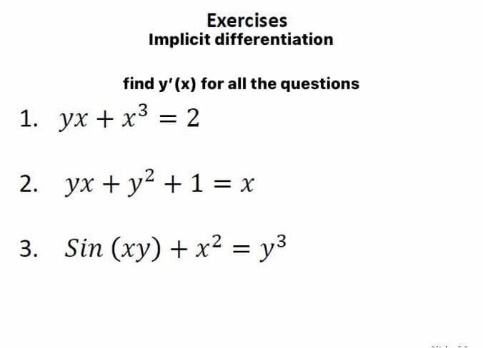 Solved Exercises Implicit differentiation find y'(x) for all | Chegg.com