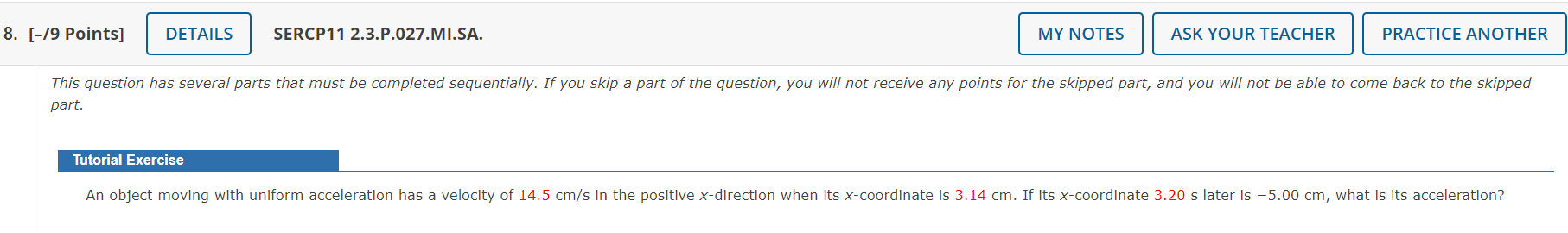 Solved [-/9 Points] SERCP11 2.3.P.027.MI.SA. part. | Chegg.com