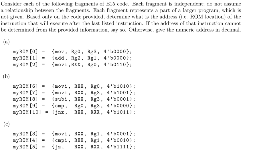Consider each of the following fragments of E15 code. | Chegg.com