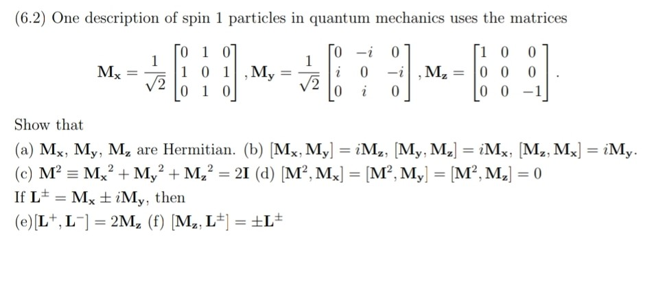 Solved (6.2) One description of spin 1 particles in quantum | Chegg.com