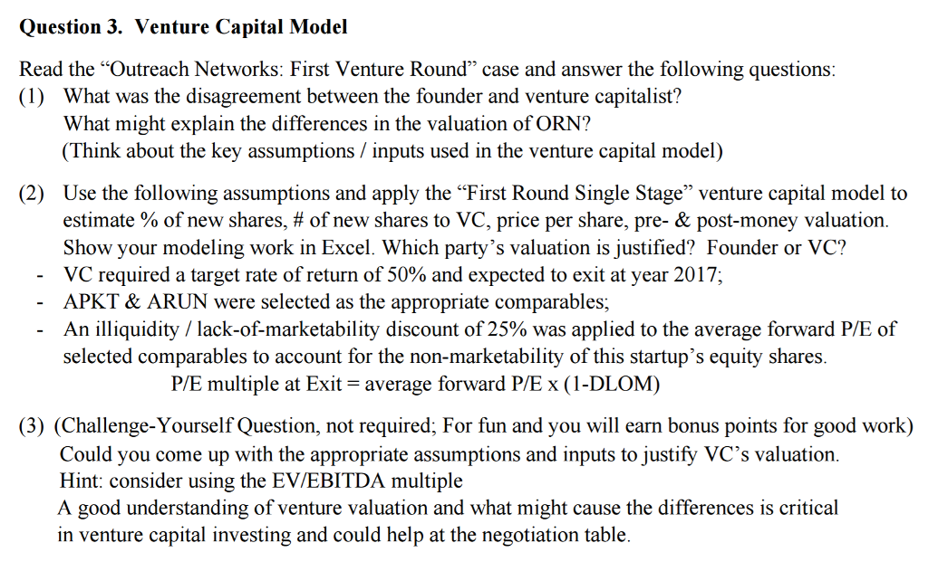 Question 3. Venture Capital Model Read the "Outreach | Chegg.com