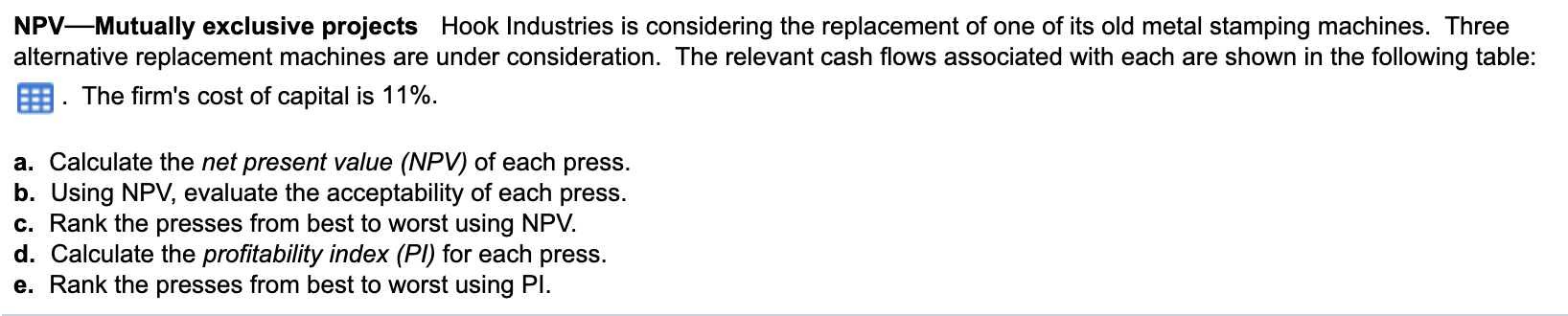 Solved NPV—Mutually exclusive projects Hook Industries is | Chegg.com