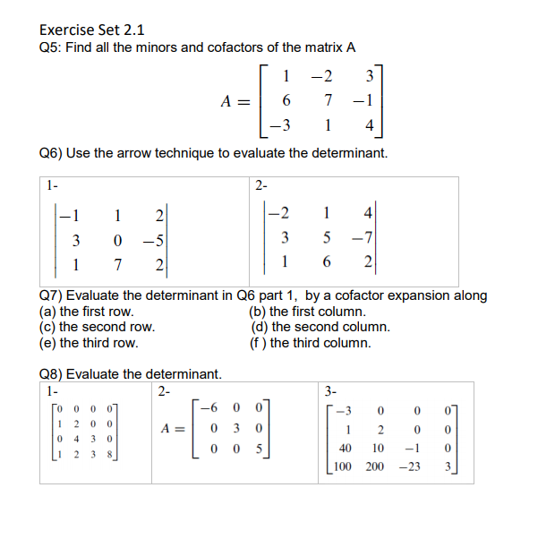 Solved -2 Exercise Set 2.1 Q5: Find all the minors and | Chegg.com