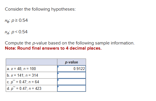 Solved Consider the following hypotheses: H0:p≥0.54HA:p