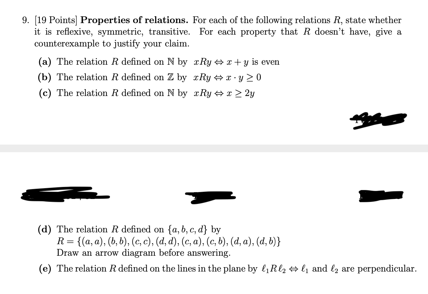 Solved 9. [19 Points] Properties of relations. For each of | Chegg.com