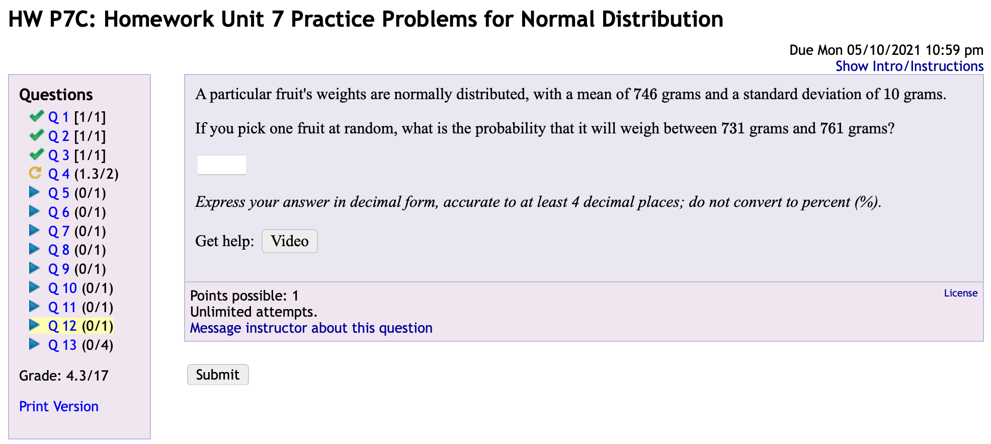 Solved HW P7C: Homework Unit 7 Practice Problems for Normal | Chegg.com