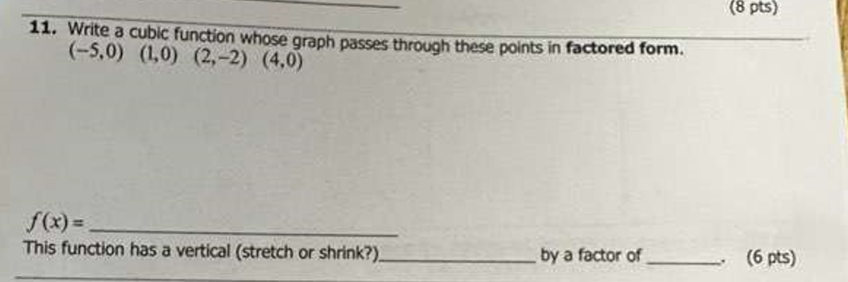 Solved 11. Write a cubic function whose graph passes through | Chegg.com
