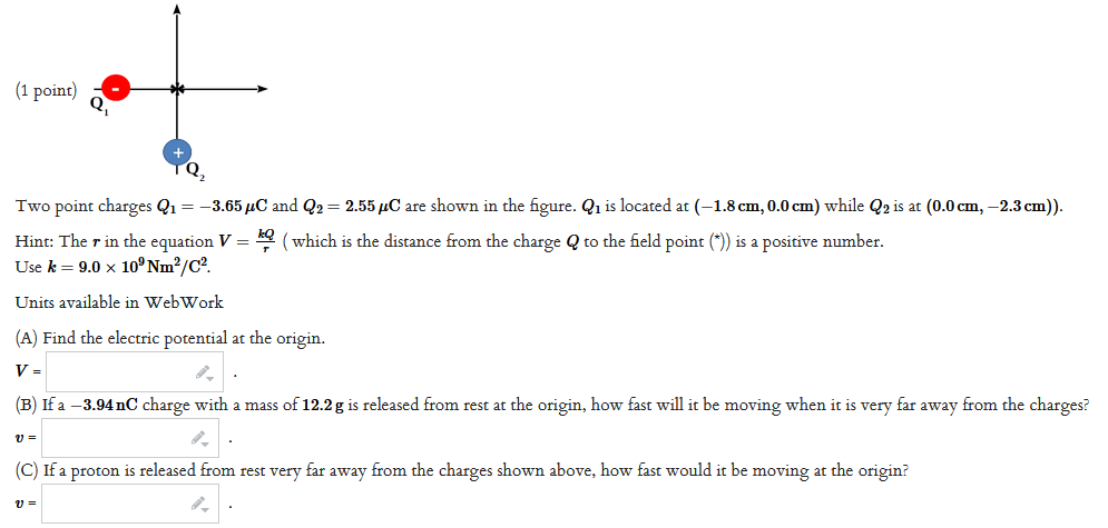 Solved (1 point) Two point charges Q1 = -3.65 C and Q2 = | Chegg.com