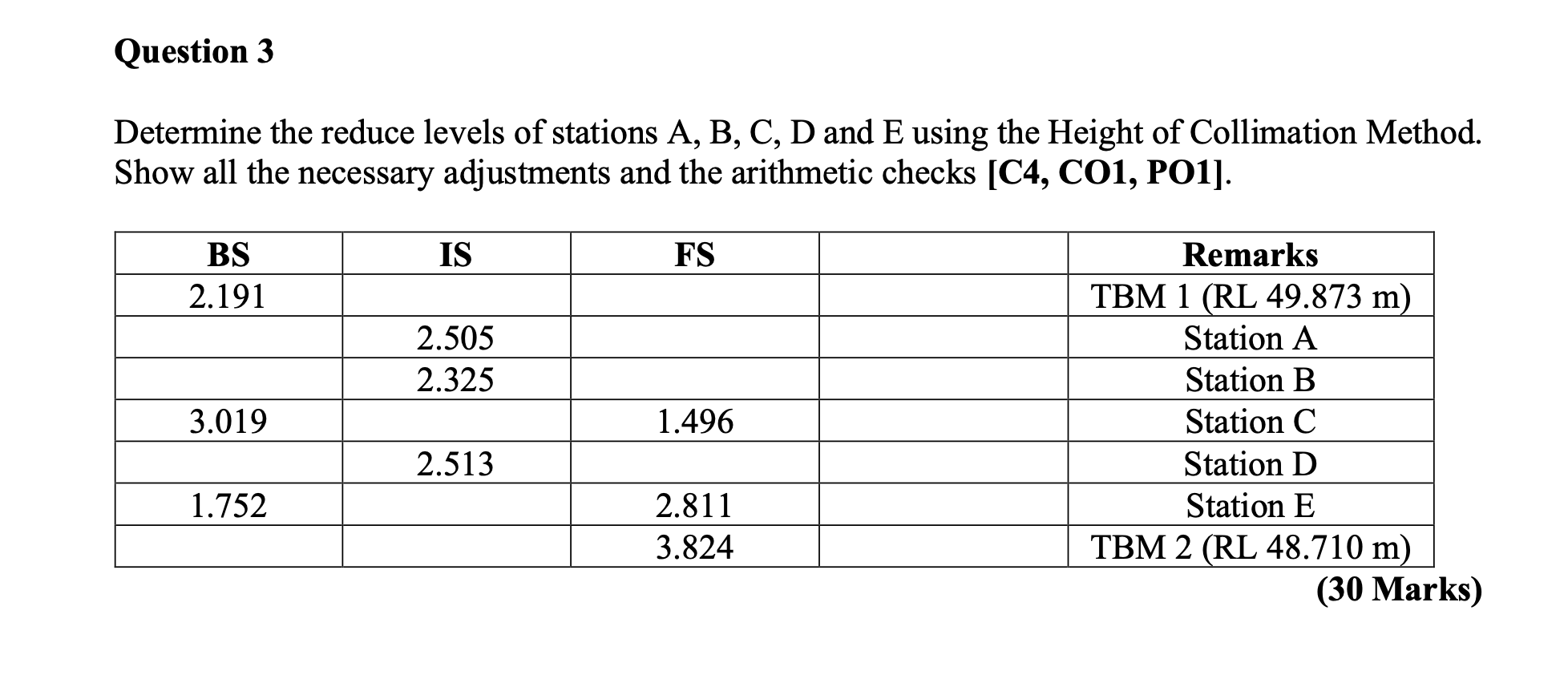 Solved Question 3 Determine the reduce levels of stations A, | Chegg.com