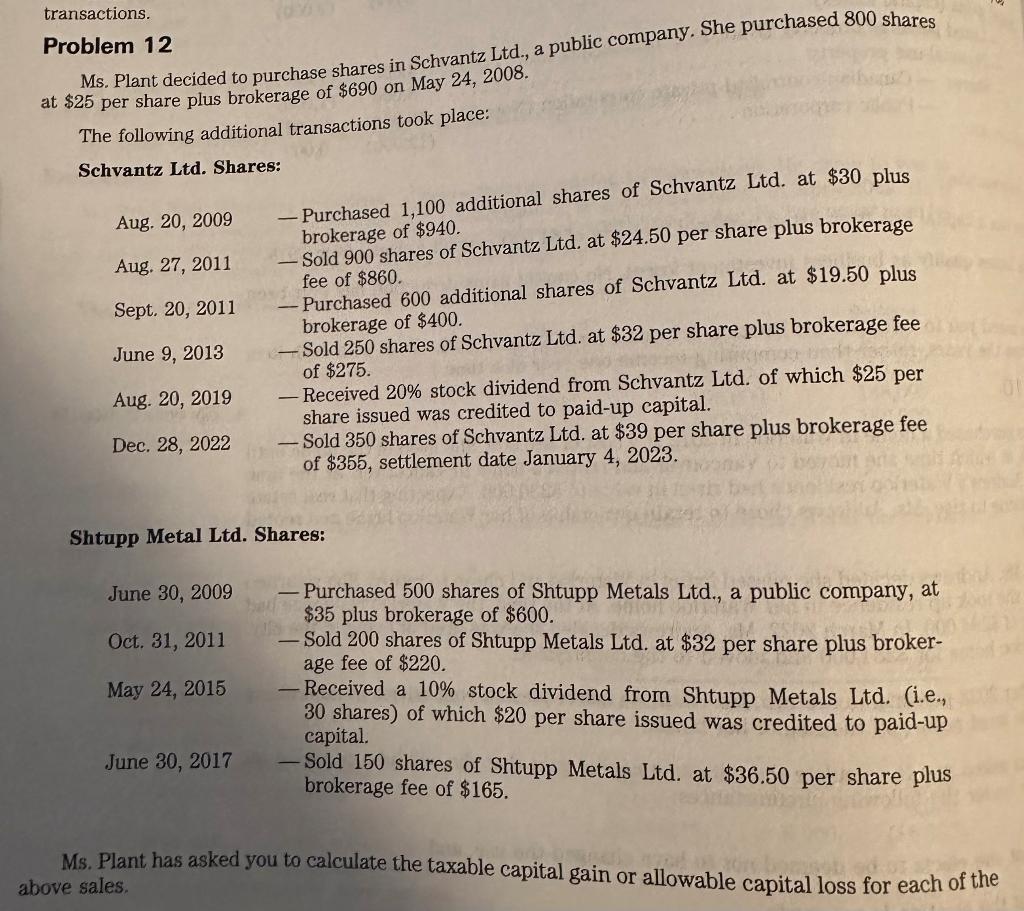 Solved transactions. Problem 12 Ms. Plant decided to | Chegg.com