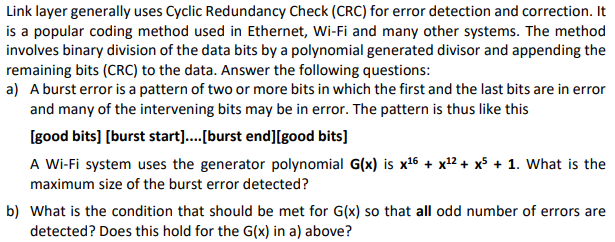 Solved Link layer generally uses Cyclic Redundancy Check | Chegg.com