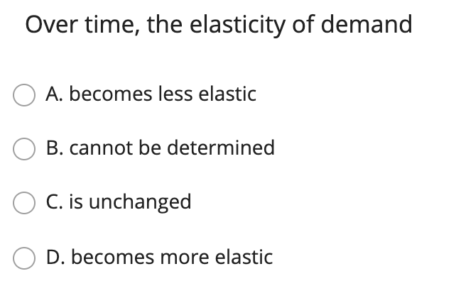Solved Over time, the elasticity of demand A. becomes less | Chegg.com