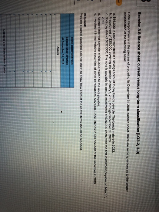 Solved Excercise 3-8 Balance sheet; current versus long-term | Chegg.com