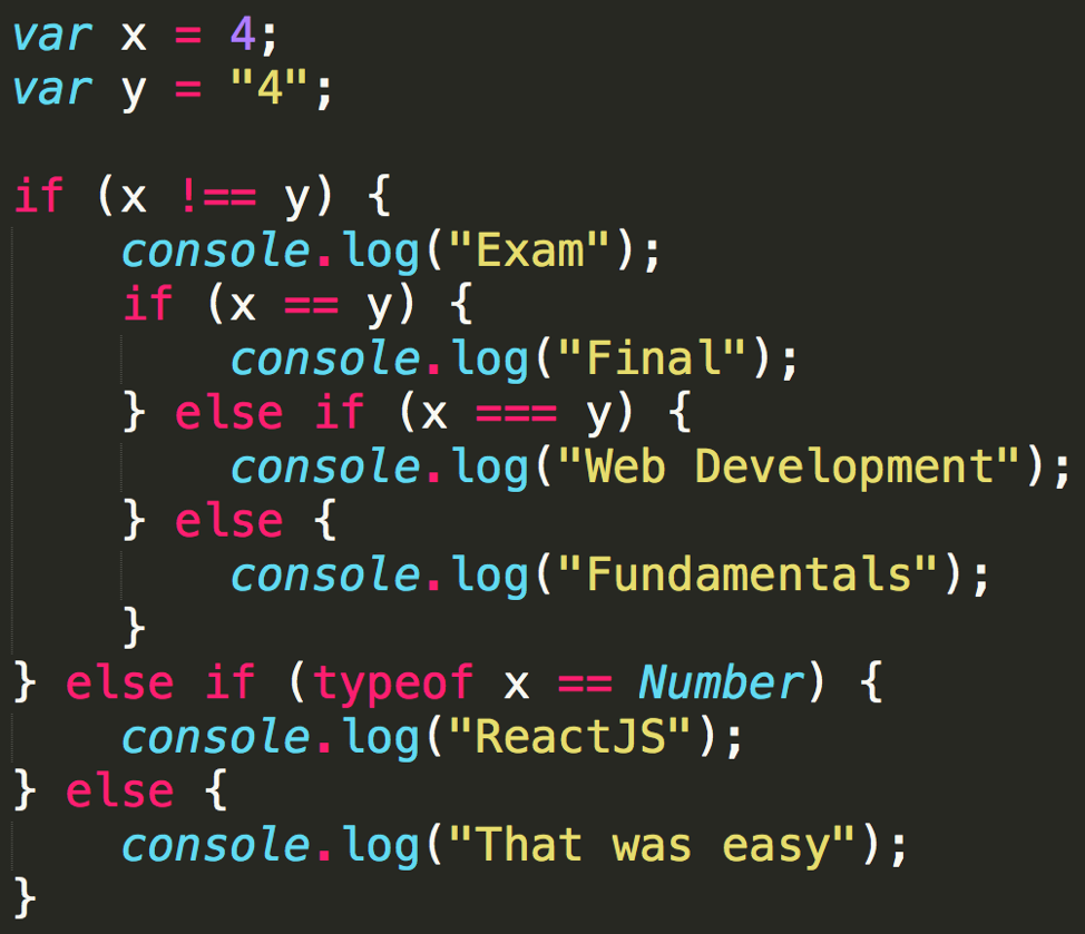 Solved Ai var x = var y = "4"; if (x !== y) { | Chegg.com
