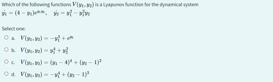 Solved Which of the following functions V(y1,y2) is a | Chegg.com
