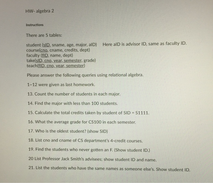 Solved HW-algebra 2 Instructions There are 5 tables: student | Chegg.com