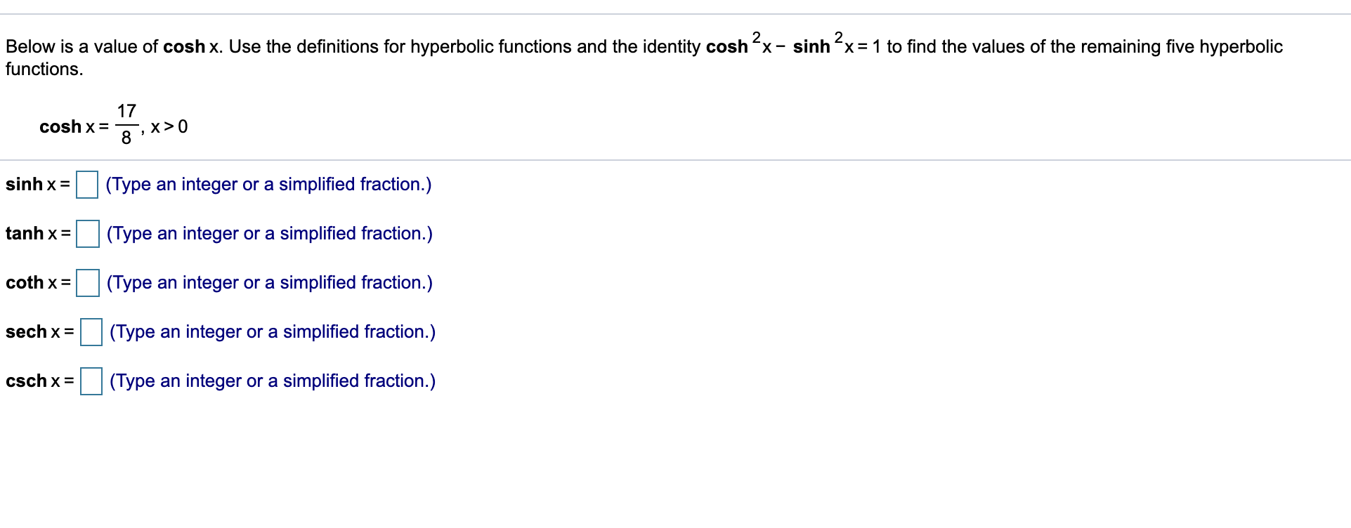 Solved Below is a value of cosh x. Use the definitions for | Chegg.com