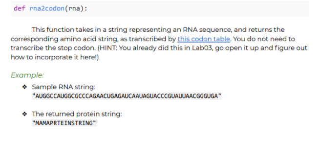 Solved def rna2codon (rna): This function takes in a string | Chegg.com