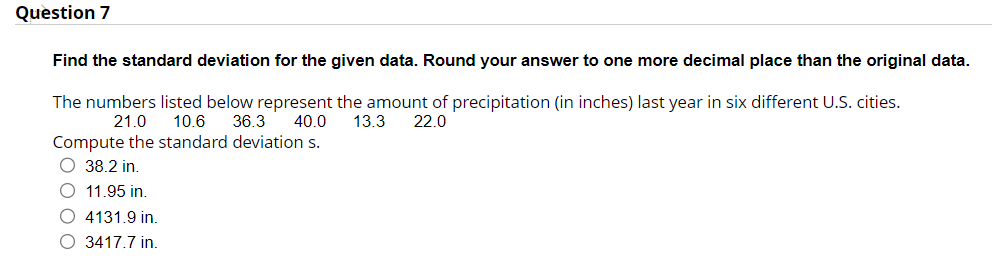 Solved Find the standard deviation for the given data. Round | Chegg.com