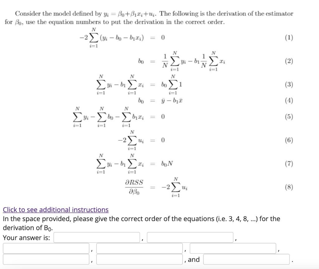 Solved Consider the model defined by yi = Bo+B12, +u;. The | Chegg.com
