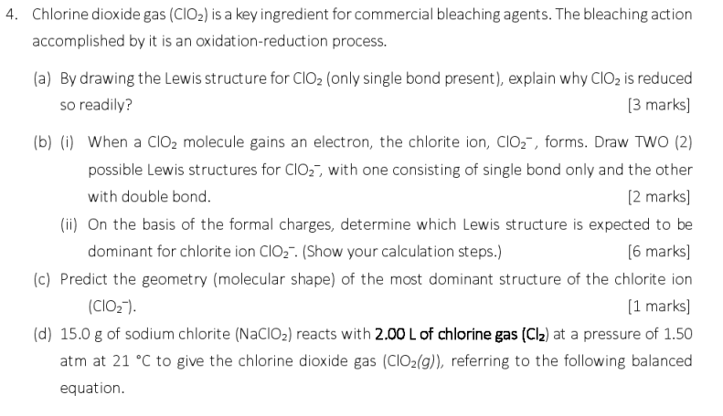 4. Chlorine dioxide gas (ClO2) is a key ingredient | Chegg.com