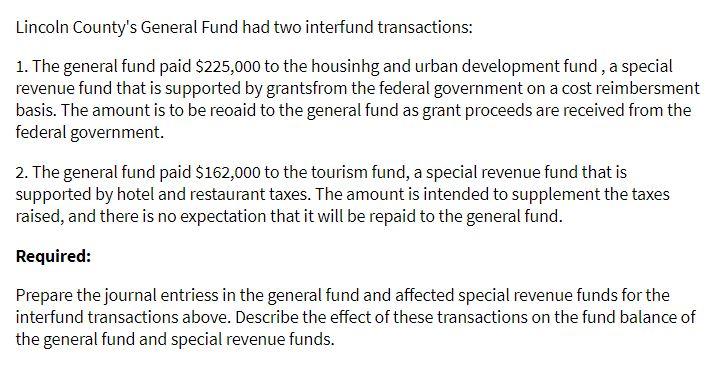 Solved Lincoln County's General Fund had two interfund | Chegg.com