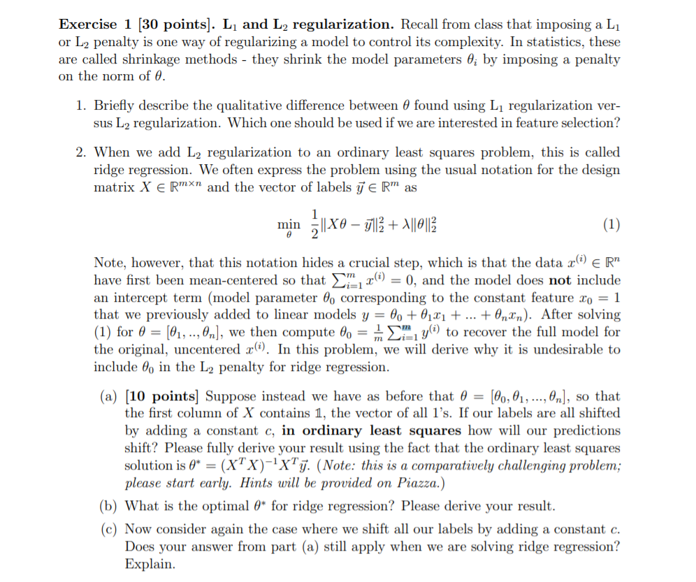Exercise 1 [30 points). Li and L2 regularization. | Chegg.com