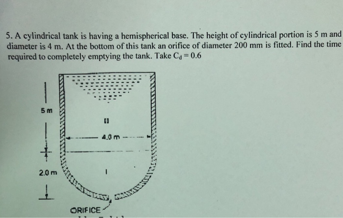 Solved 5. A cylindrical tank is having a hemispherical base. | Chegg.com