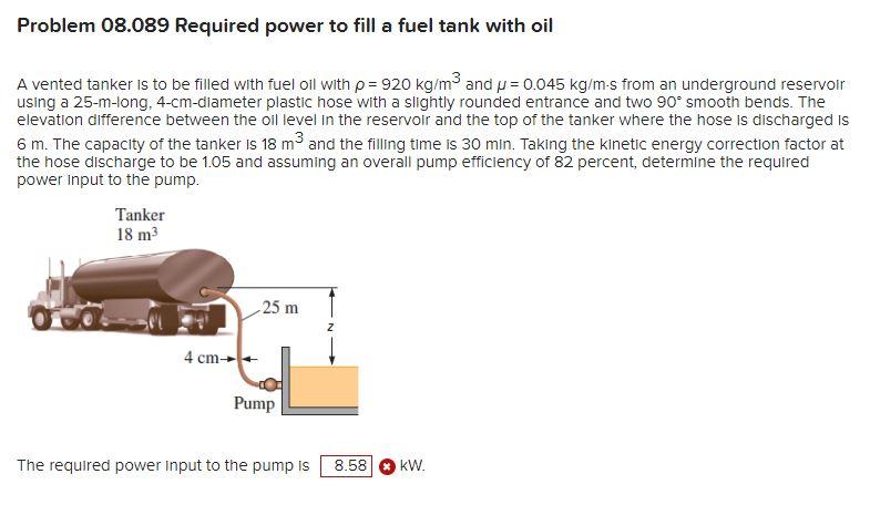 Solved Problem 08.089 Required power to fill a fuel tank | Chegg.com