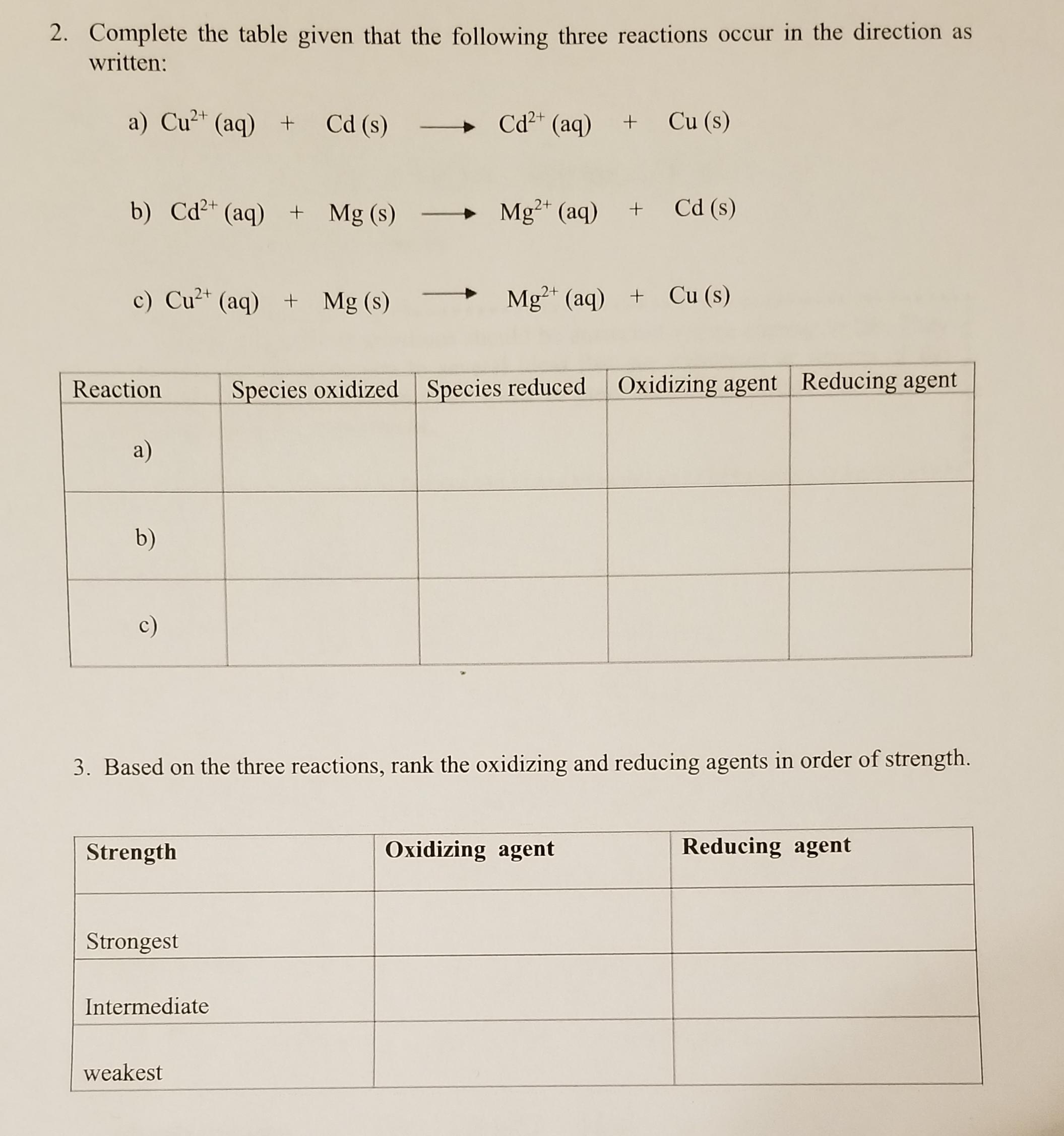 Solved 2. Complete the table given that the following three | Chegg.com