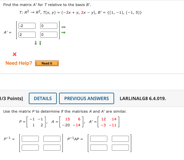 Solved Find the matrix A' for T relative to the basis B'. T: | Chegg.com