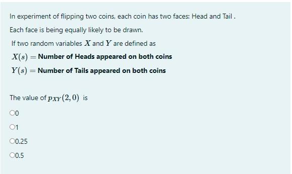 Solved In experiment of flipping two coins, each coin has | Chegg.com