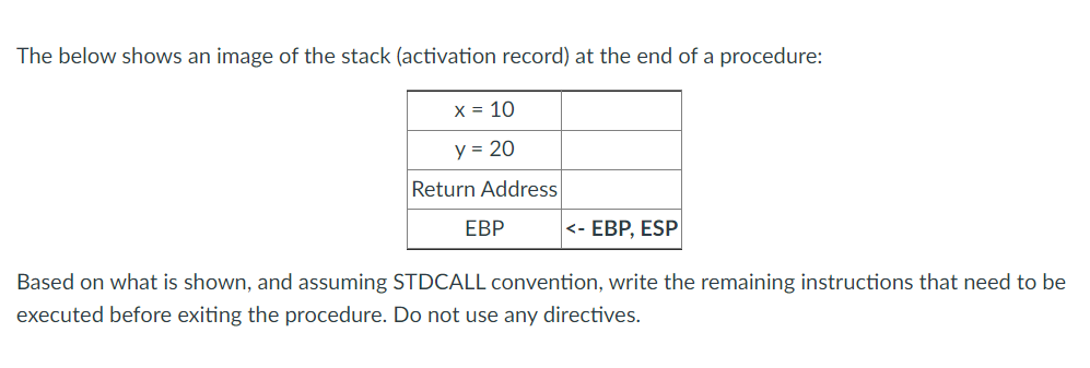 The below shows an image of the stack (activation | Chegg.com