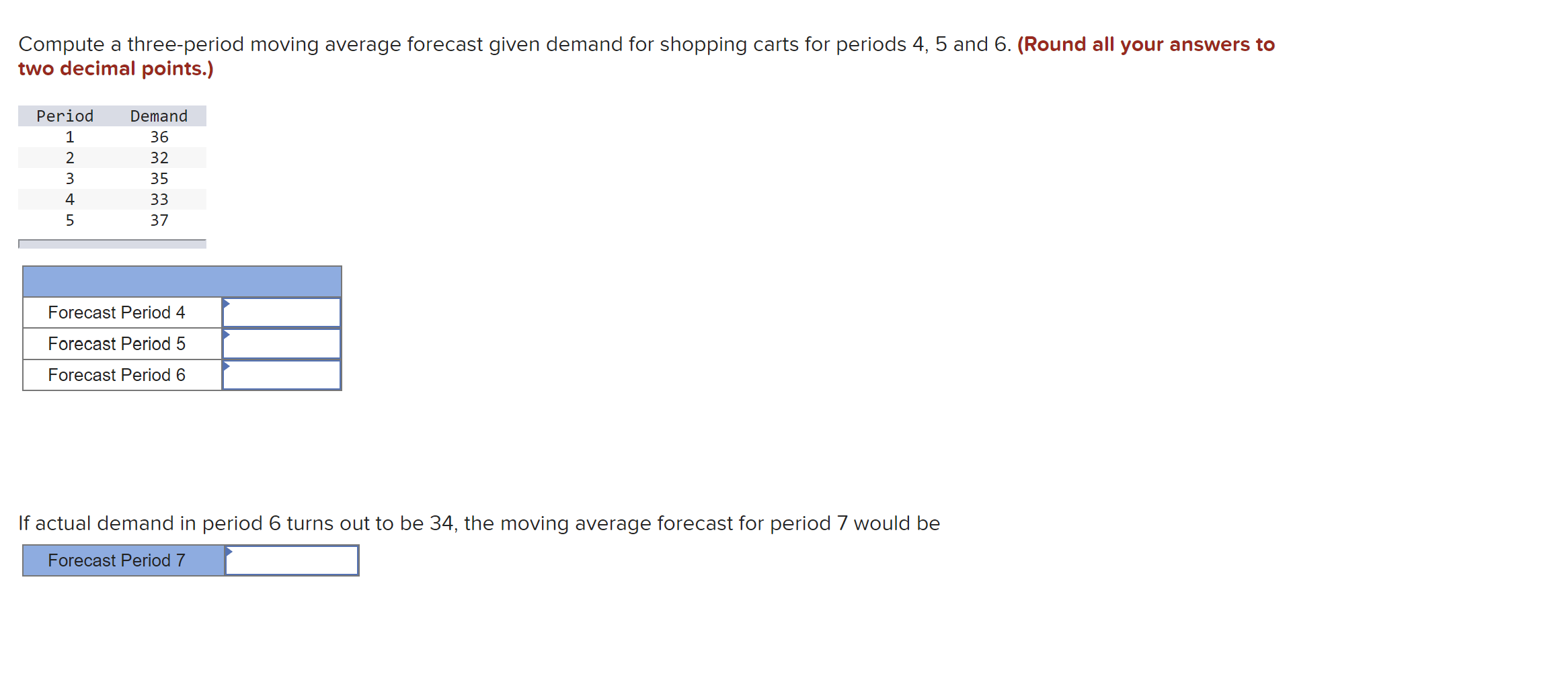 Solved Compute a three-period moving average forecast given | Chegg.com
