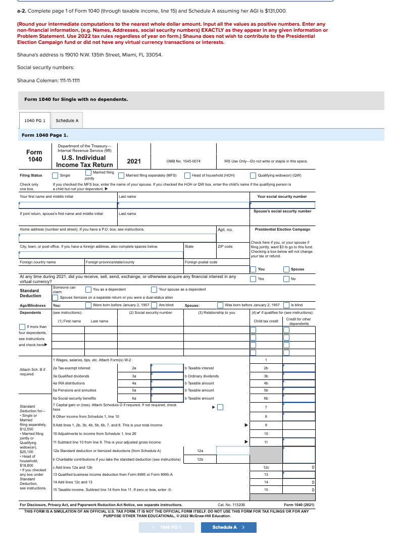 Solved a-2. Complete page 1 of Form 1040 (through taxable | Chegg.com