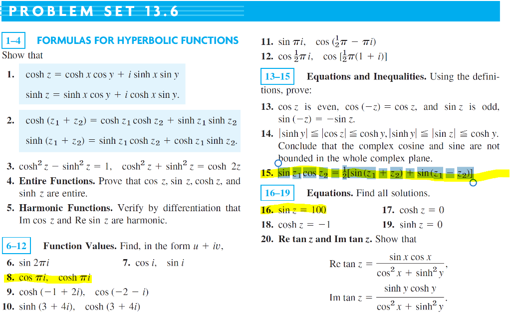 FORMULAS FOR HYPERBOLIC FUNCTIONS 11. | Chegg.com