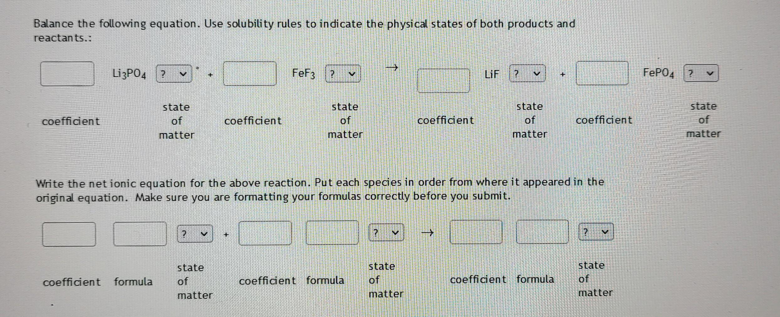 Solved Balance the following equation. Use solubility rules | Chegg.com