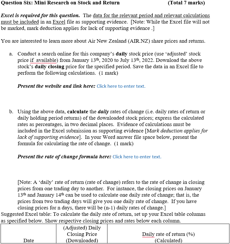uestion Six: Mini Research on Stock and Return (Total | Chegg.com