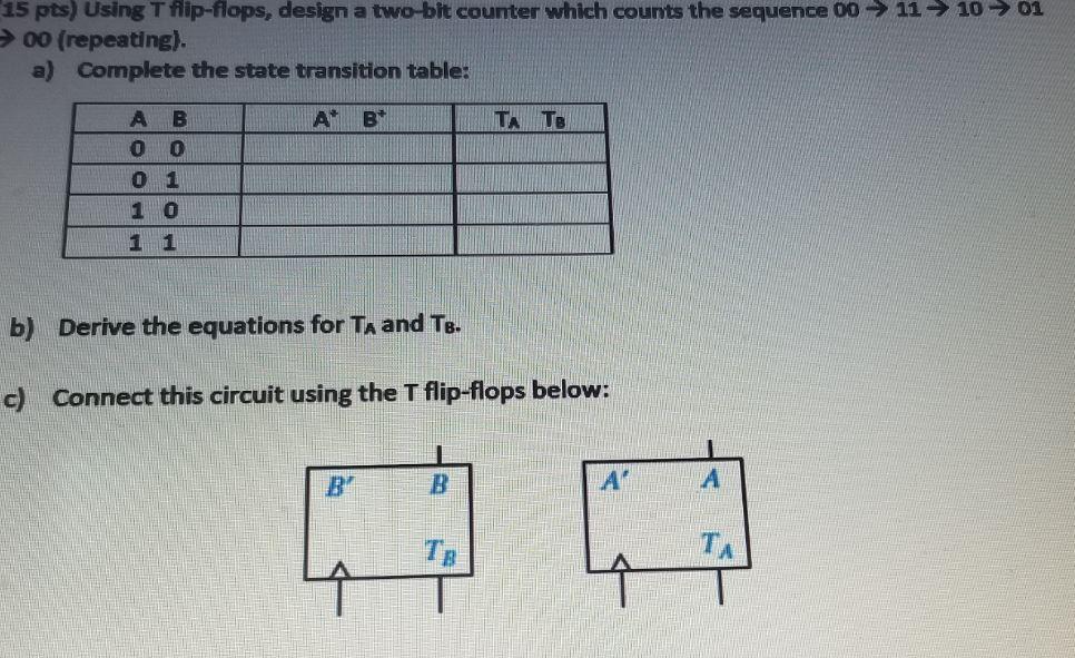 Solved 15 pts) Using Tflip-flops, design a two-bit counter | Chegg.com