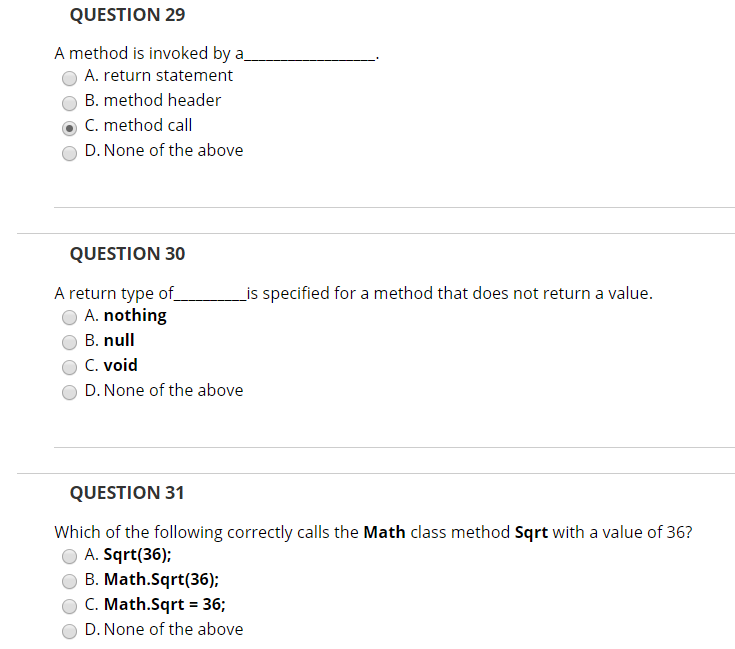 Solved QUESTION 29 A method is invoked by a A. return | Chegg.com