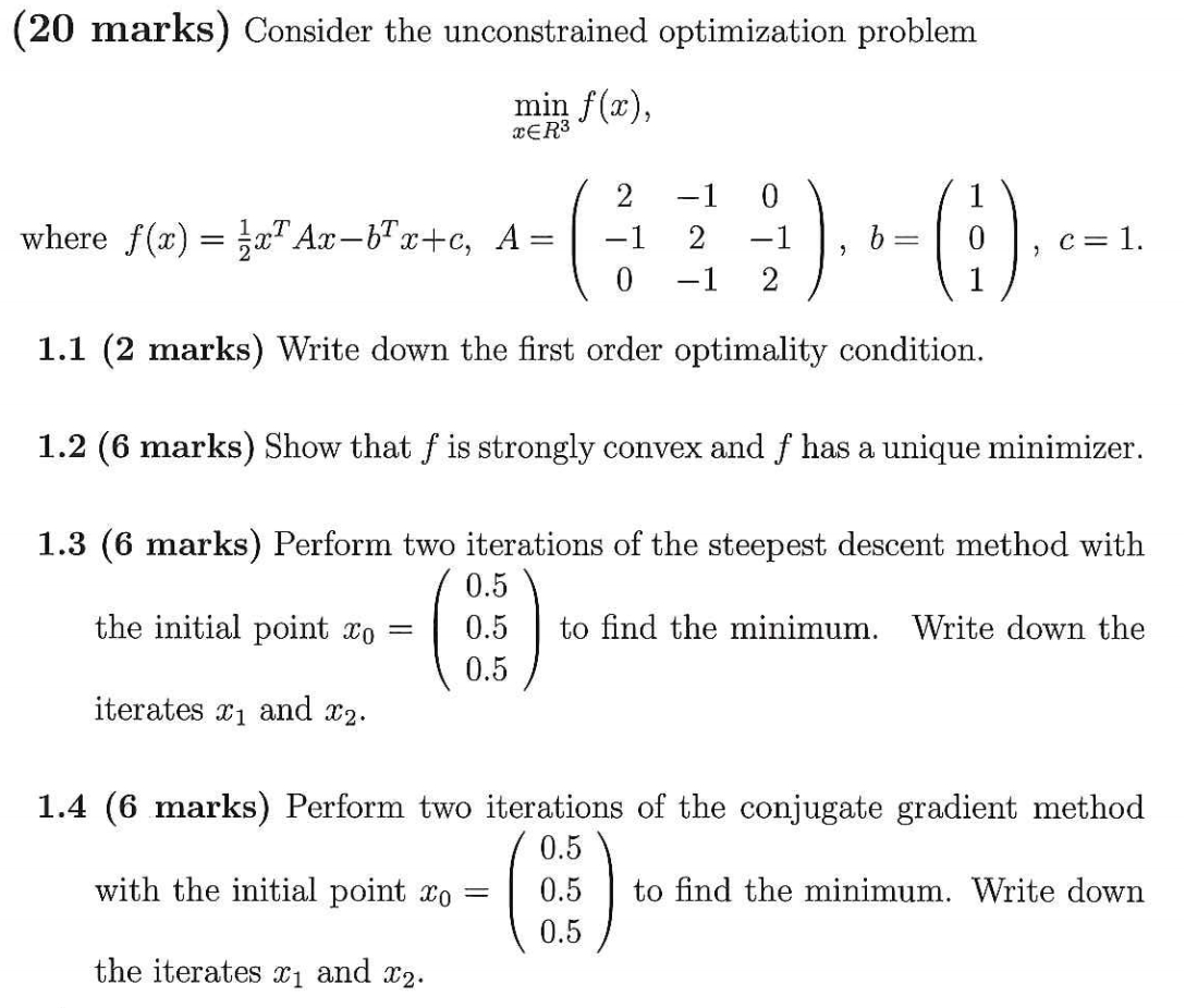 (20 marks) Consider the unconstrained optimization | Chegg.com