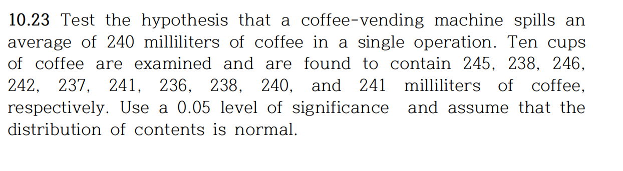 [Solved]: 10.23 Test the hypothesis that a coffee-vending
