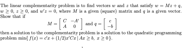 Solved The Linear Complementarity Problem Is To Find Vectors 5419